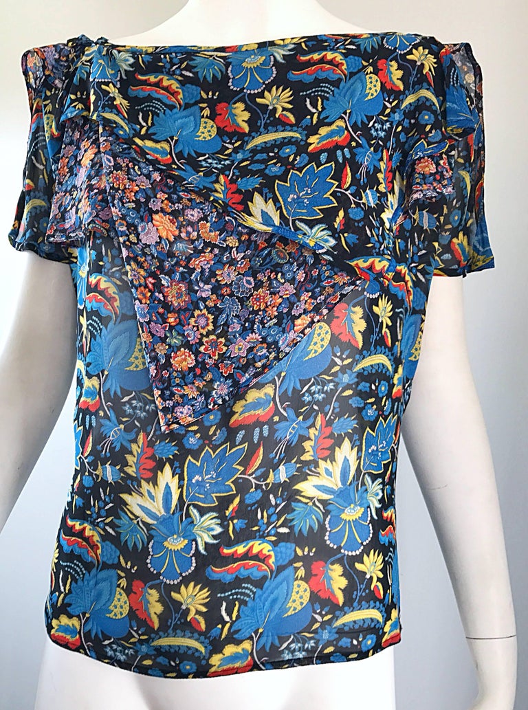 Rare 1970s Gianni Versace Cold Shoulder Boho Draped Vintage 70s Silk ...