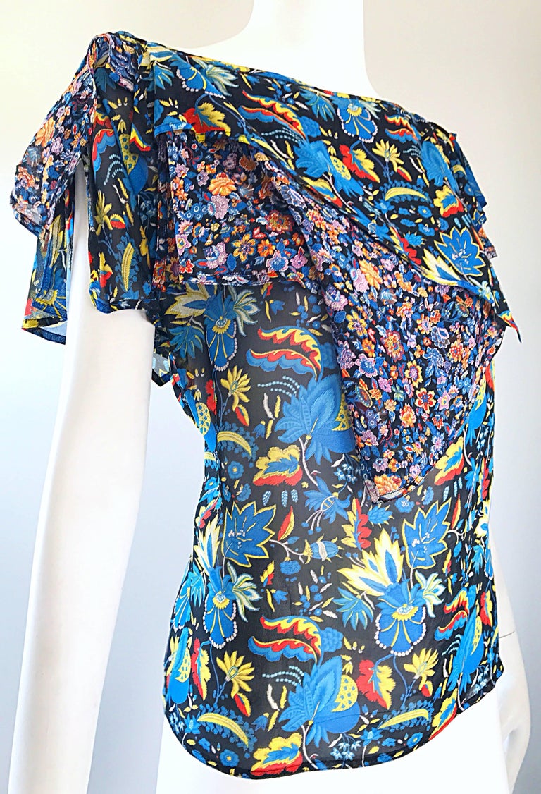 Rare 1970s Gianni Versace Cold Shoulder Boho Draped Vintage 70s Silk ...