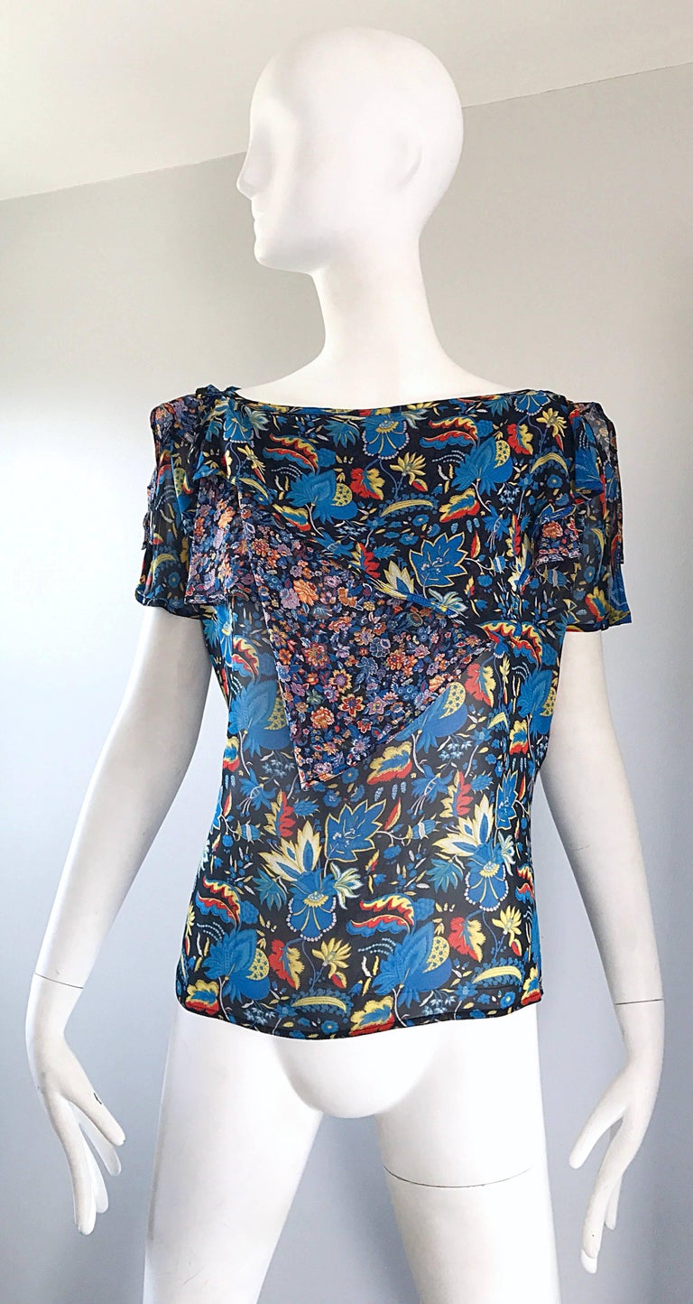 Rare 1970s Gianni Versace Cold Shoulder Boho Draped Vintage 70s Silk ...