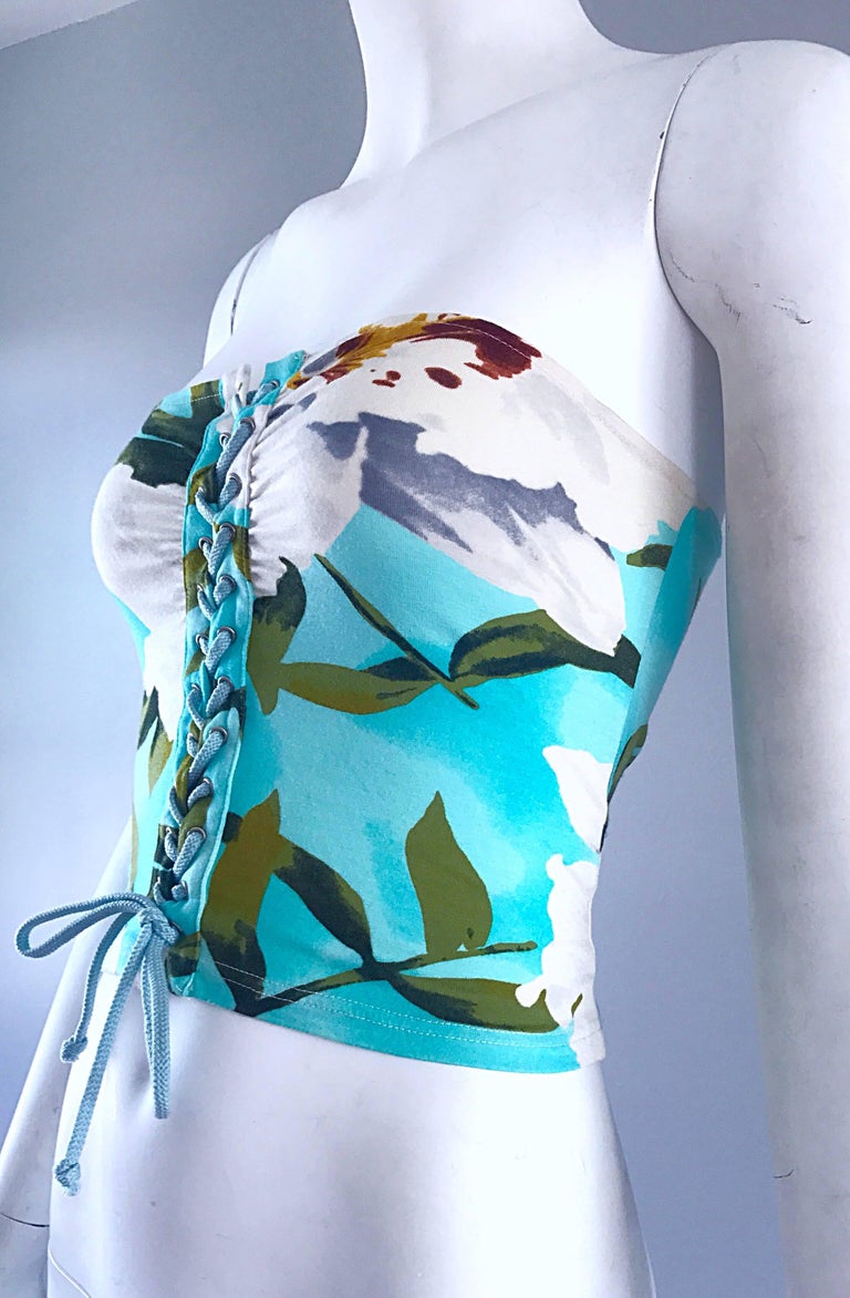 1990s Cacharel Hawaiian Tropical Print Sexy Vintage 90s Strapless Crop