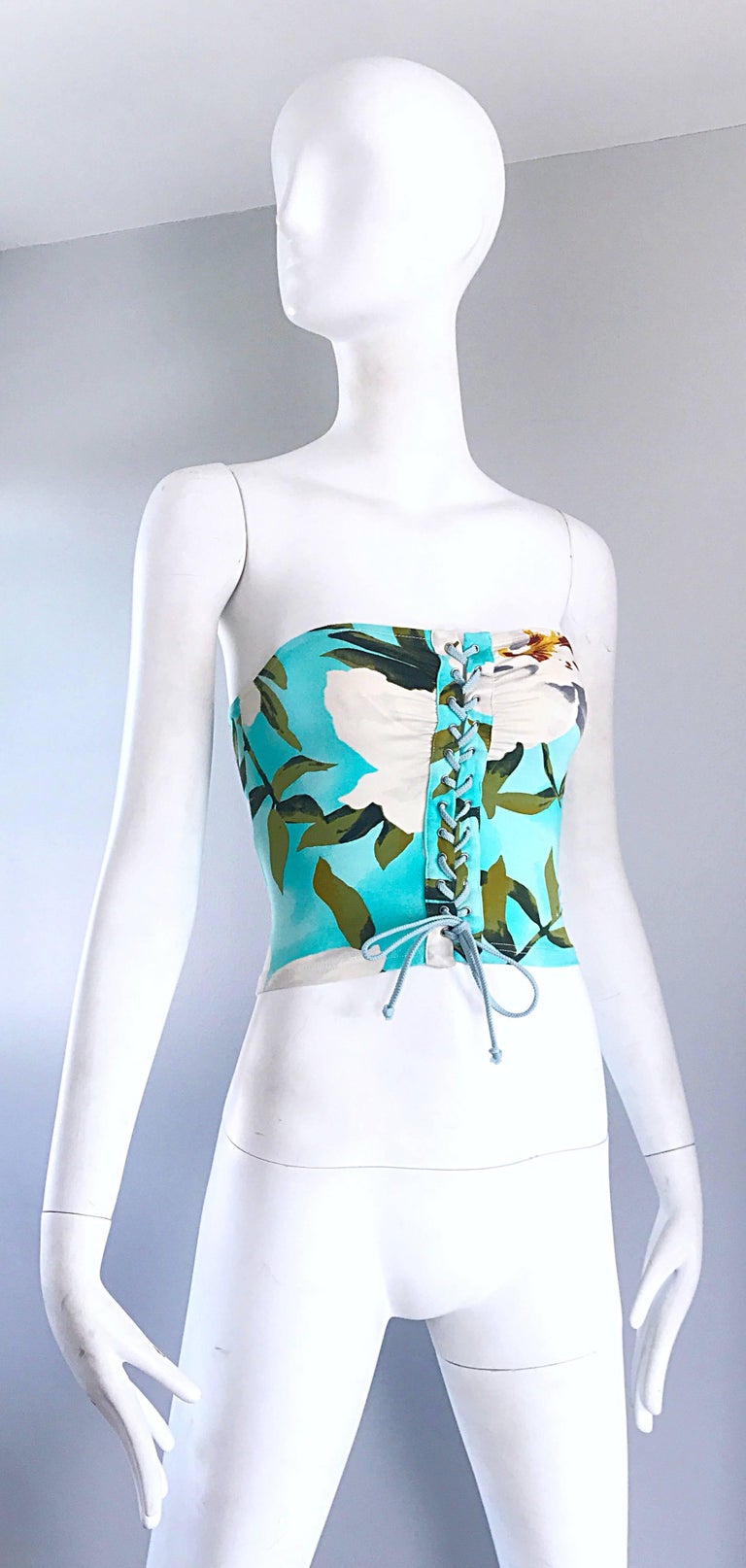 1990s Cacharel Hawaiian Tropical Print Sexy Vintage 90s Strapless Crop
