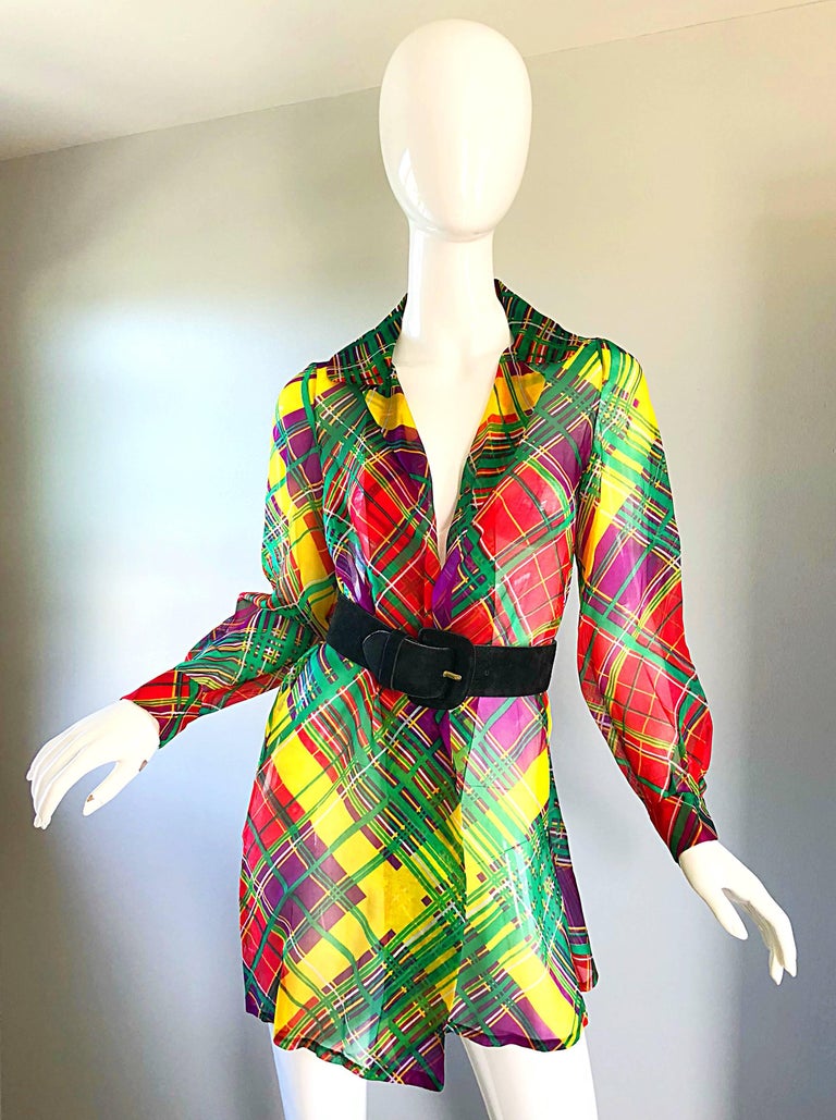 1970s Cardinali Original Sample Plaid Silk Chiffon Open Front Jacket ...