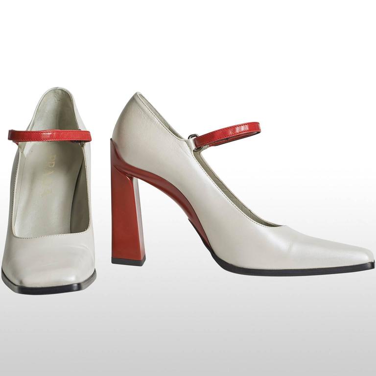 Prada Bright Ivory and Red Heel Leather Shoes For Sale at 1stDibs