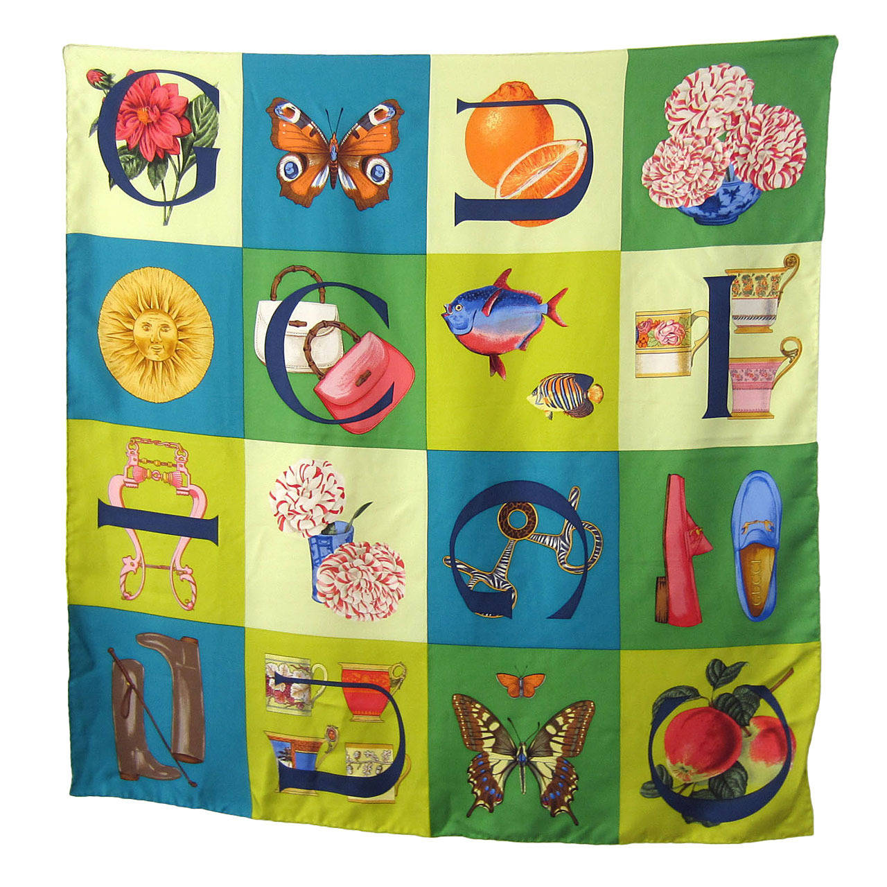 GUCCI Silk Print Logo Color Block Scarf at 1stDibs