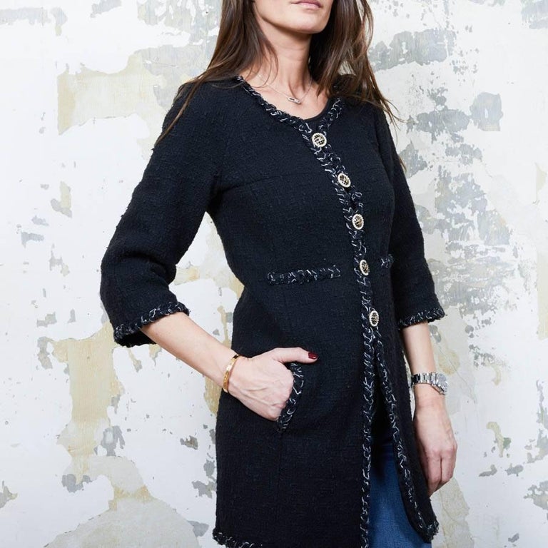 CHANEL Iconic Long Jacket in Black Tweed Size 34FR at 1stDibs | iconic ...