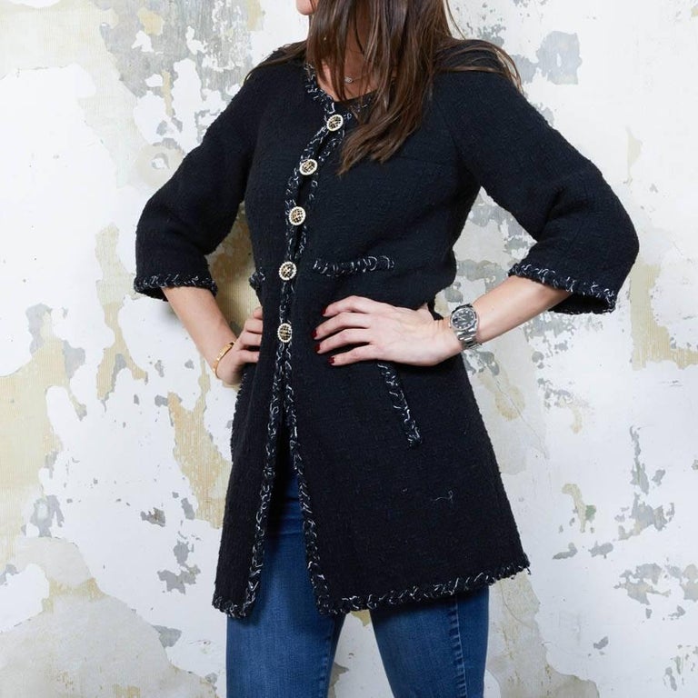 CHANEL Iconic Long Jacket in Black Tweed Size 34FR at 1stDibs | iconic ...