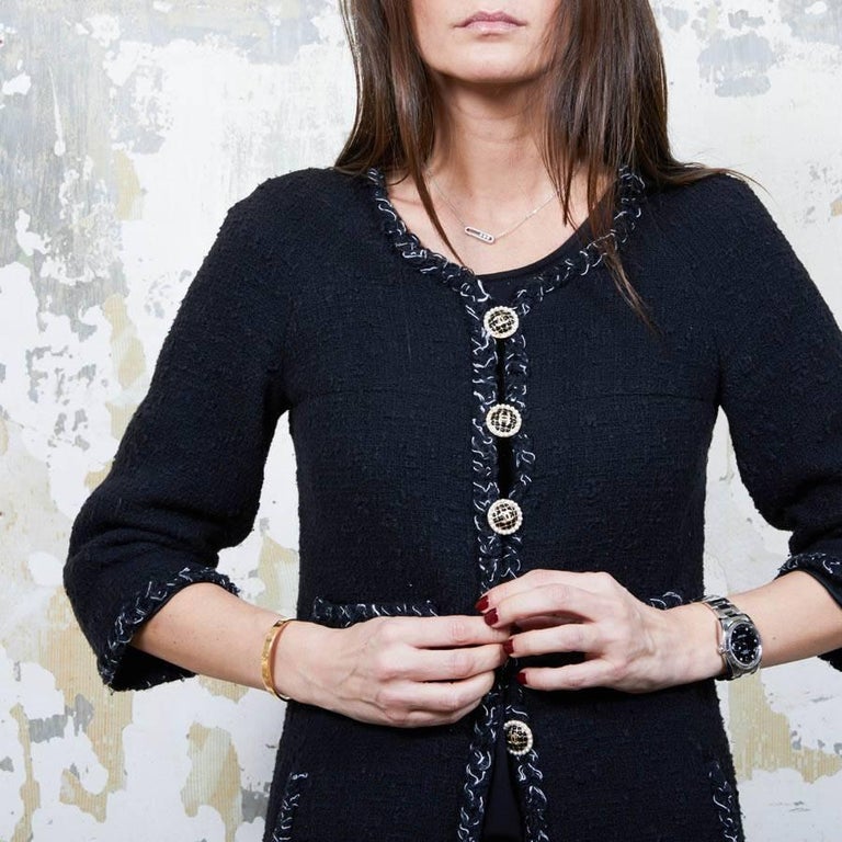 CHANEL Iconic Long Jacket in Black Tweed Size 34FR at 1stDibs | iconic ...