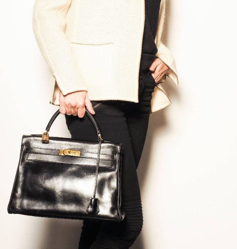 HERMES Vintage Kelly 28 Flap Bag in Black Box Leather at 1stDibs ...