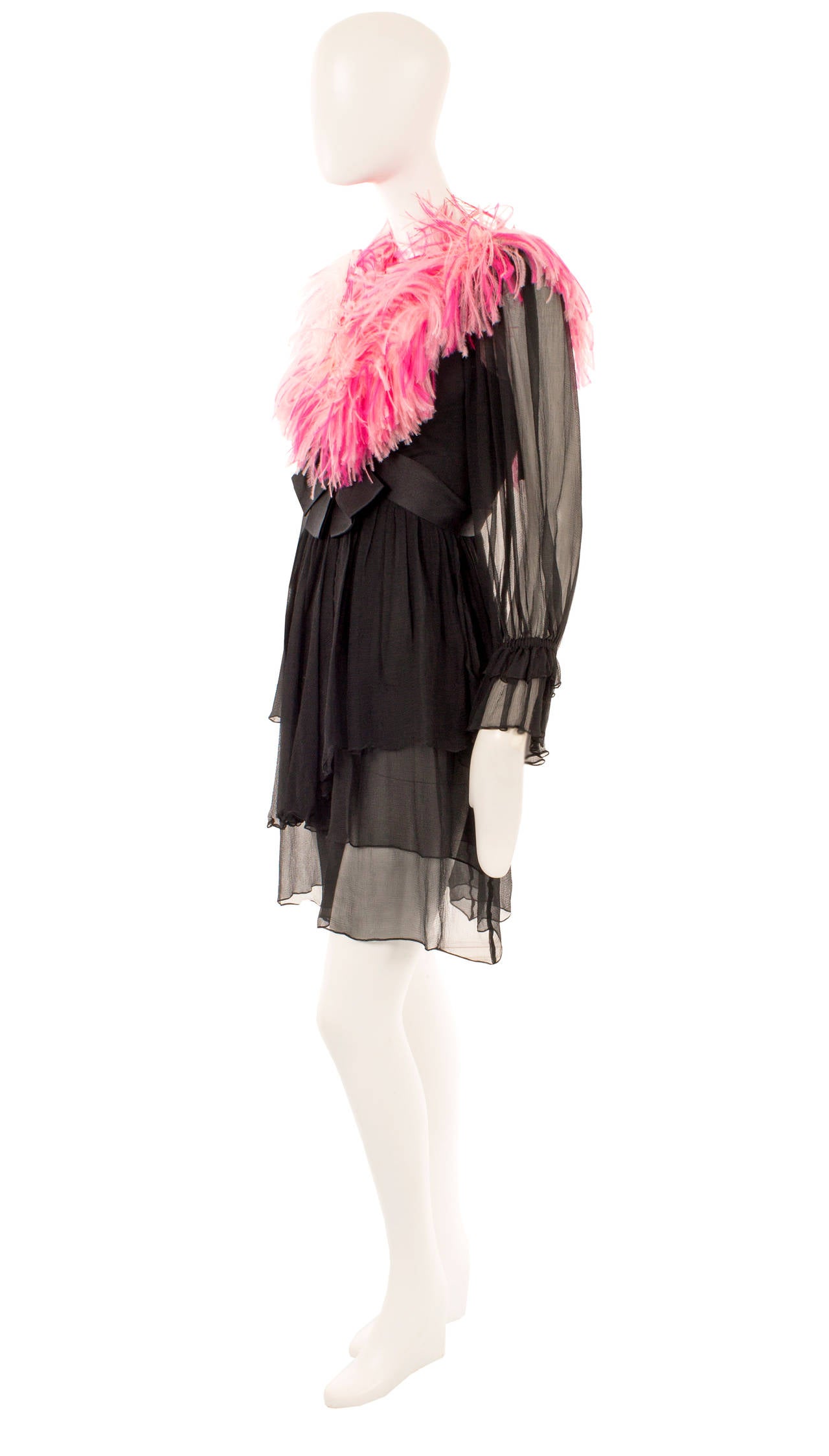 Yves Saint Laurent black chiffon and pink feather dress, circa 1987 For ...
