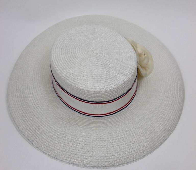 Vintage Chanel White Hat w/ Camellia Flower and Ribbon Trim at 1stDibs ...