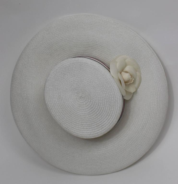 Vintage Chanel White Hat w/ Camellia Flower and Ribbon Trim at 1stDibs ...