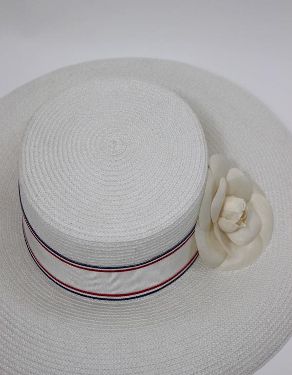 Vintage Chanel White Hat w/ Camellia Flower and Ribbon Trim at 1stDibs ...