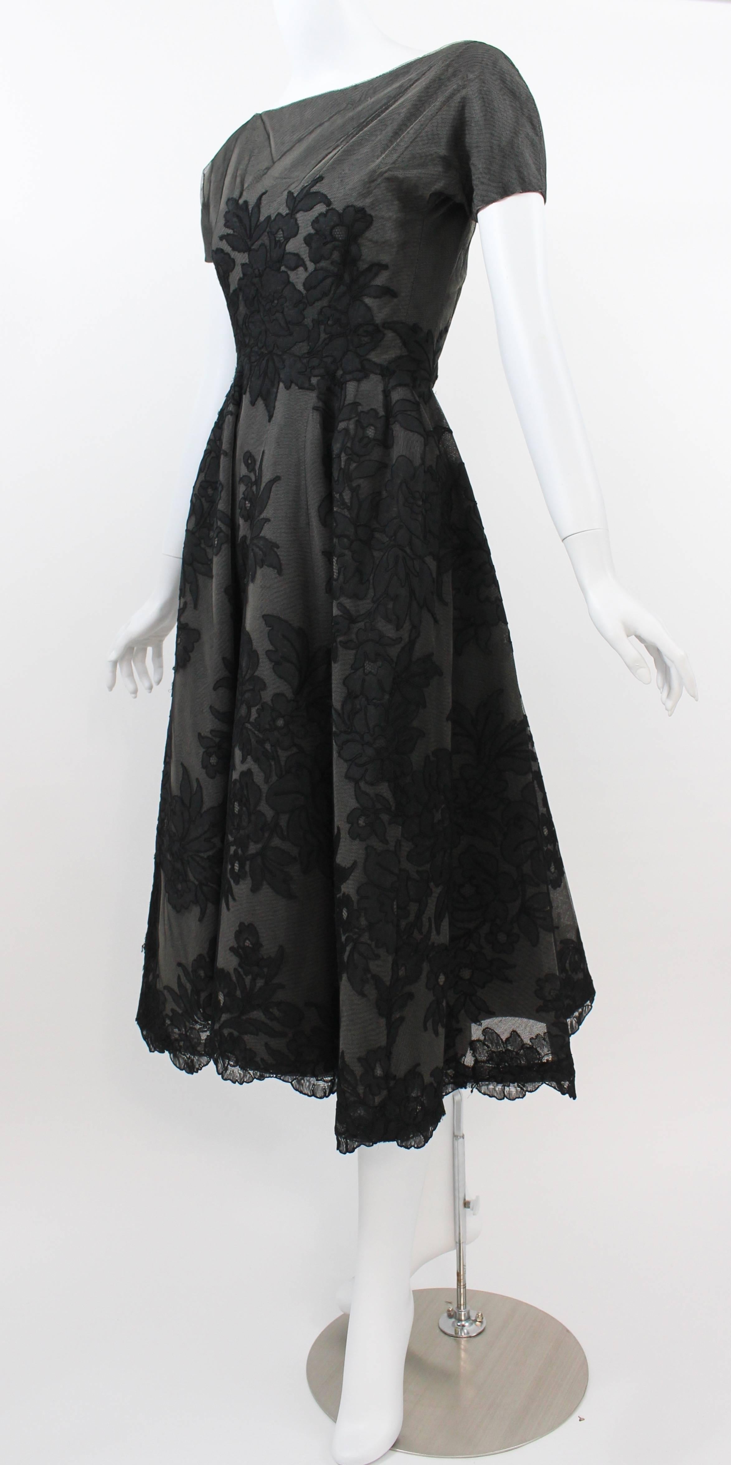1950s Mort Mogel Black Lace and Charcoal Grey Net Full Skirt Cocktail ...