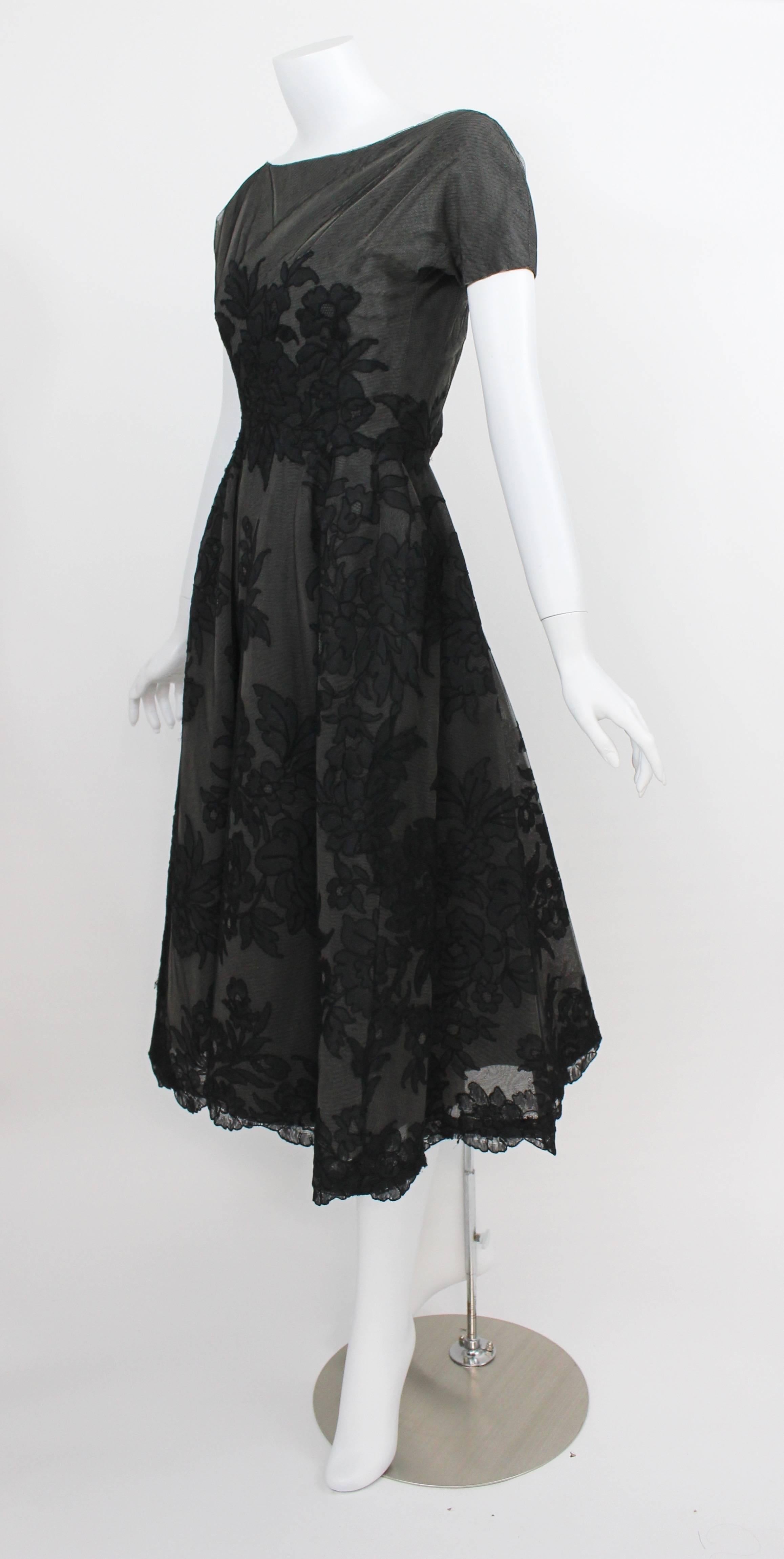 1950s Mort Mogel Black Lace and Charcoal Grey Net Full Skirt Cocktail ...