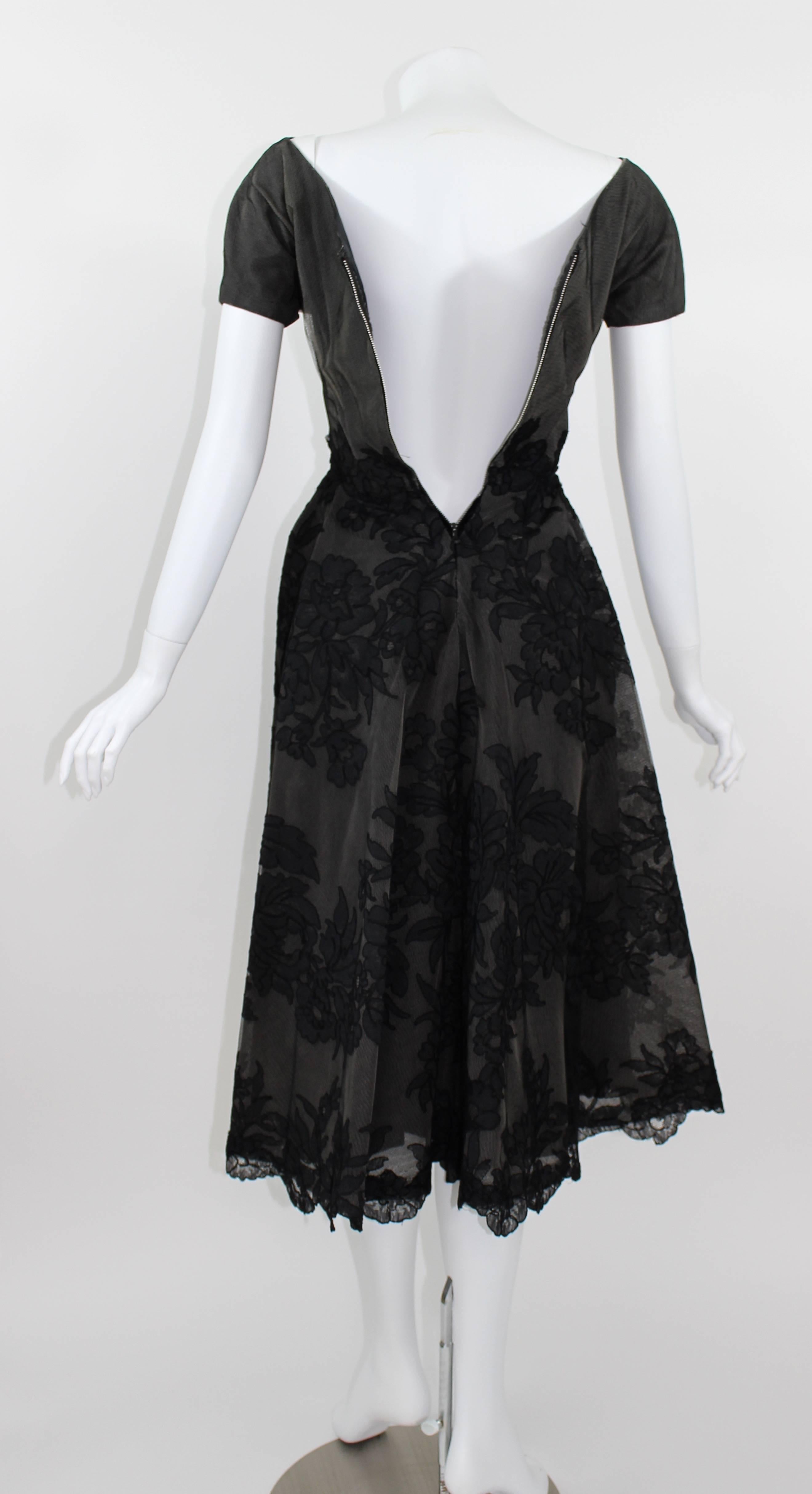 1950s Mort Mogel Black Lace and Charcoal Grey Net Full Skirt Cocktail ...