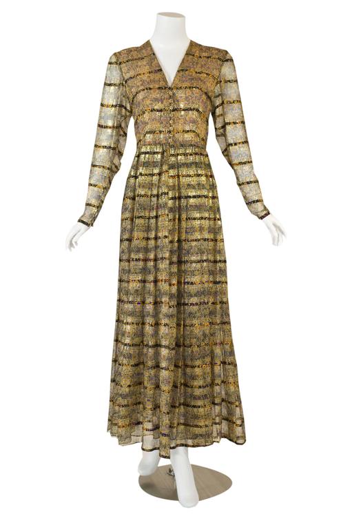 1970s Bergdorf Goodman Silk and Gold Metallic Print Dress at 1stDibs