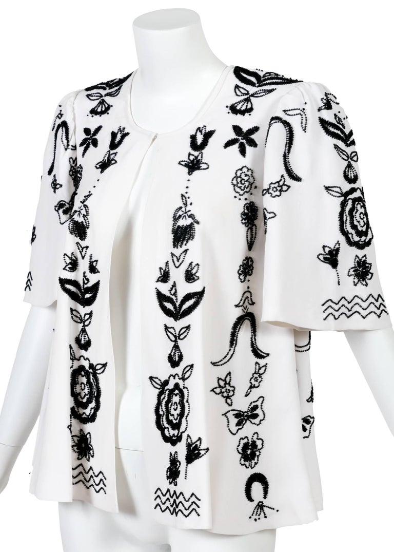 Tiziani by Karl Lagerfeld White Silk Black Floral Embroidered Swing ...