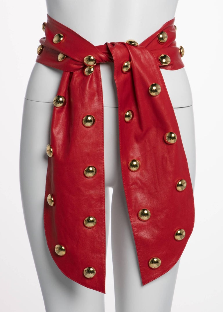1980s Yves Saint Laurent Red Leather Gold Stud Sash Belt Documented YSL ...