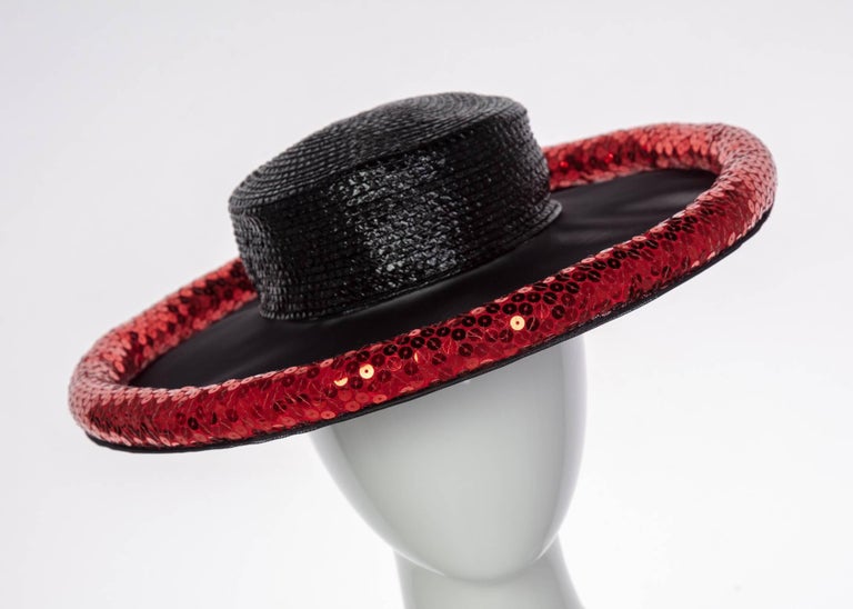 Yves Saint Laurent Couture Black Illusion Red Sequins Hat YSL, 1989 For ...