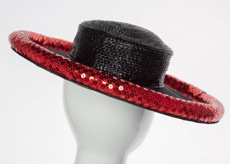Yves Saint Laurent Couture Black Illusion Red Sequins Hat YSL, 1989 For ...