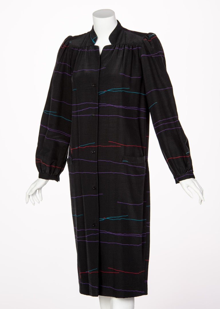 Vintage Halston Black Abstract Striped Silk Dress Coat, 1970s For Sale ...