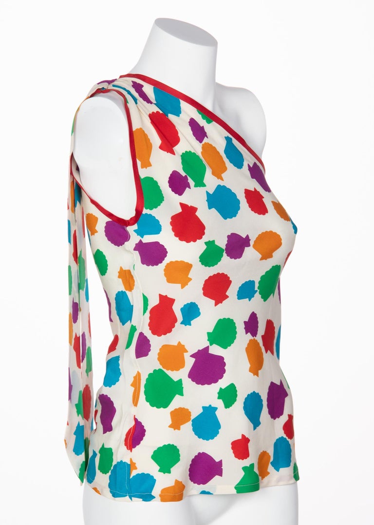 1970s Yves Saint Laurent Multicolor Sea-Shell Print Sleeveless Blouse ...