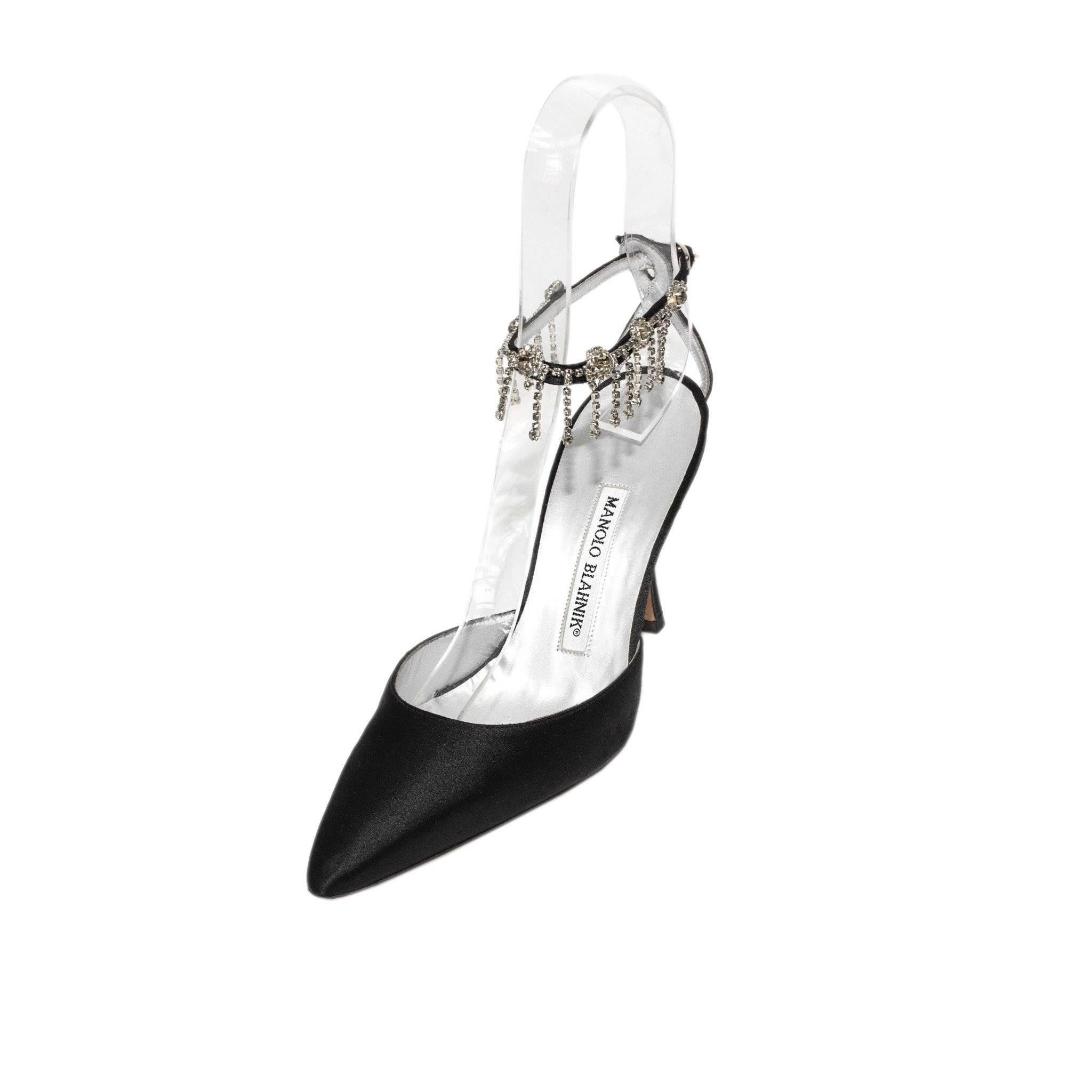 Manolo Blahnik Black Satin Pointy Toe Heel With Rhinestone Ankle Strap ...