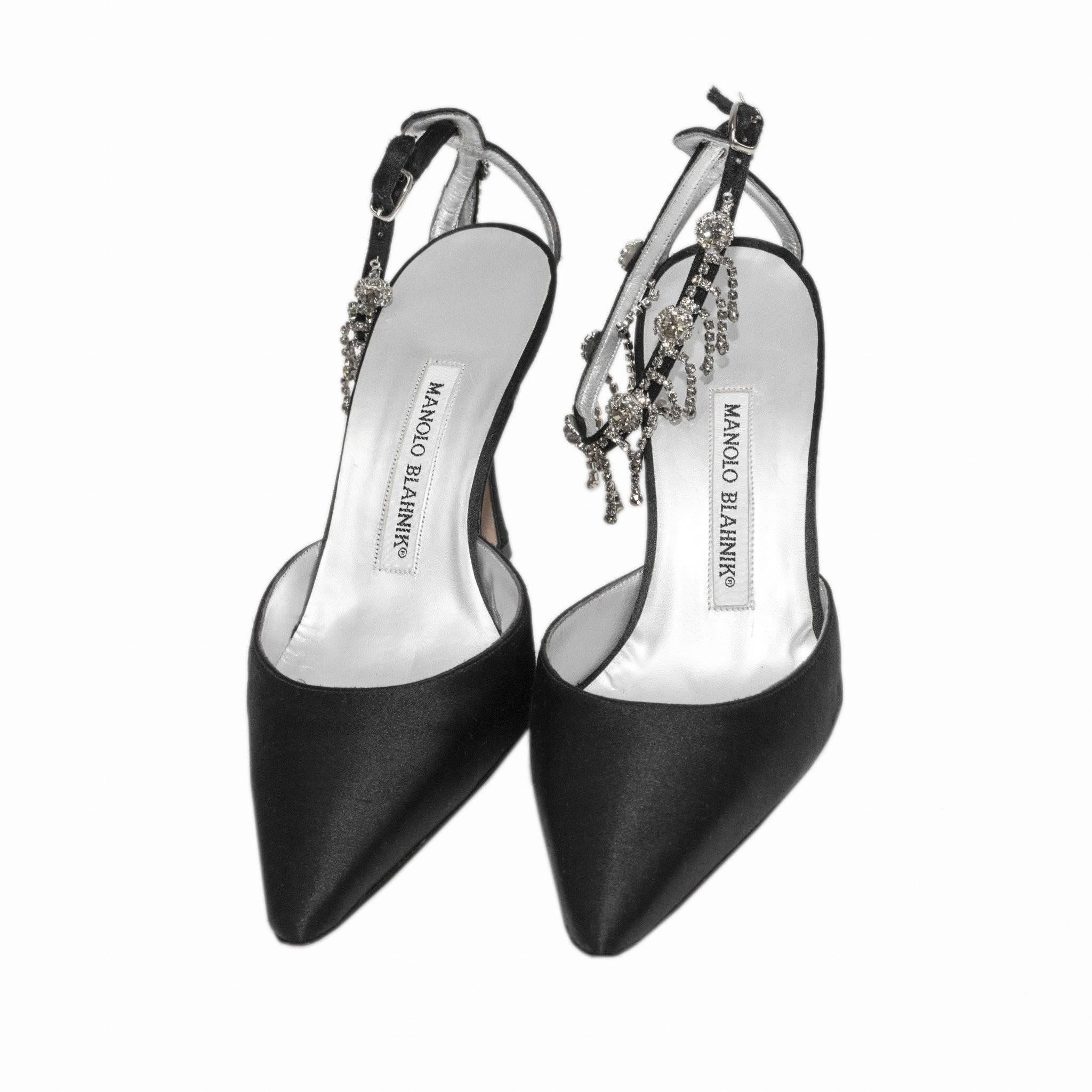 Manolo Blahnik Black Satin Pointy Toe Heel With Rhinestone Ankle Strap ...