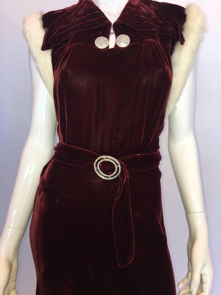1930's Burgundy Velvet Dress with Rabbit Fur Trimmed Sleeves For Sale ...