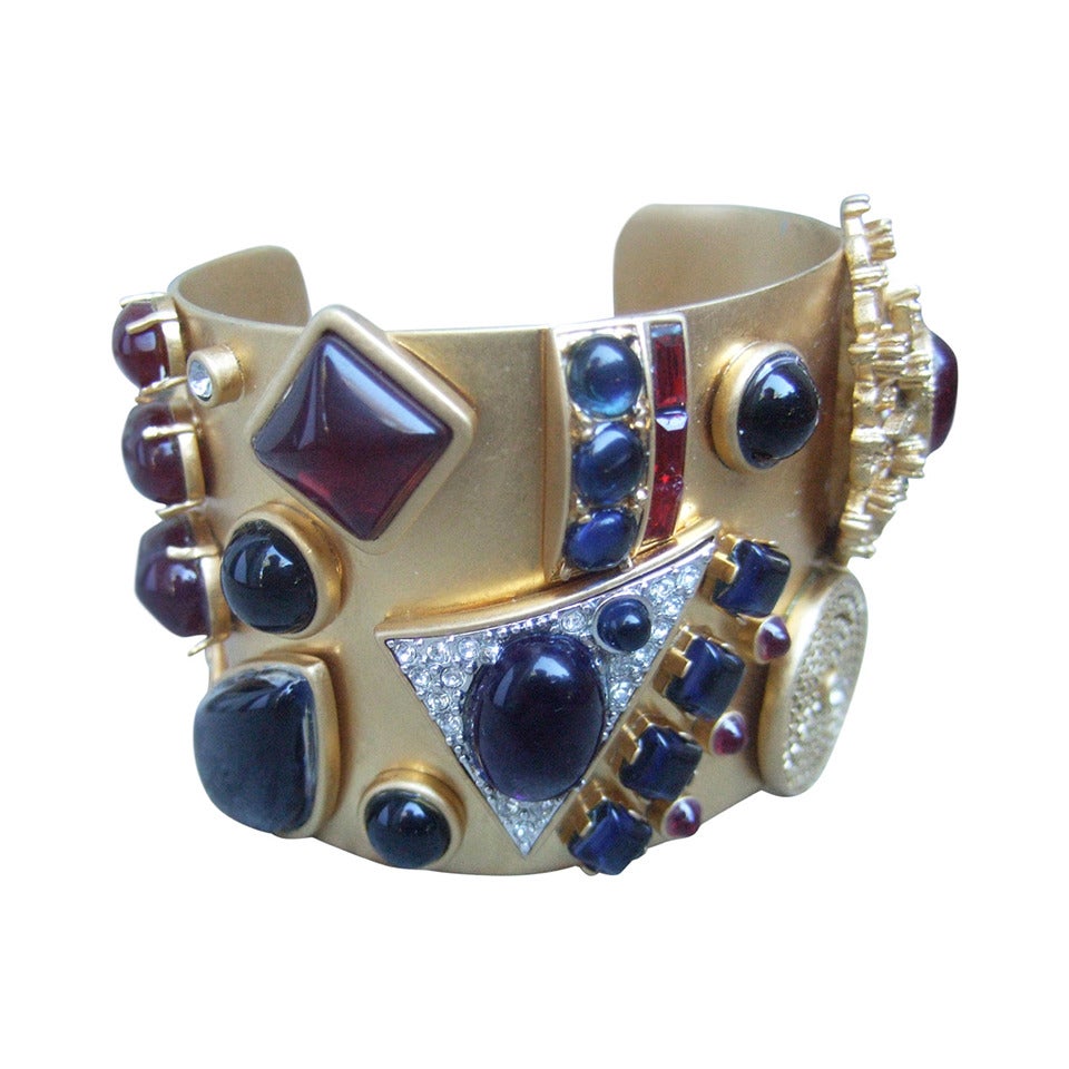 Spectacular Jewel Encrusted Wide Gilt Metal Cuff at 1stDibs
