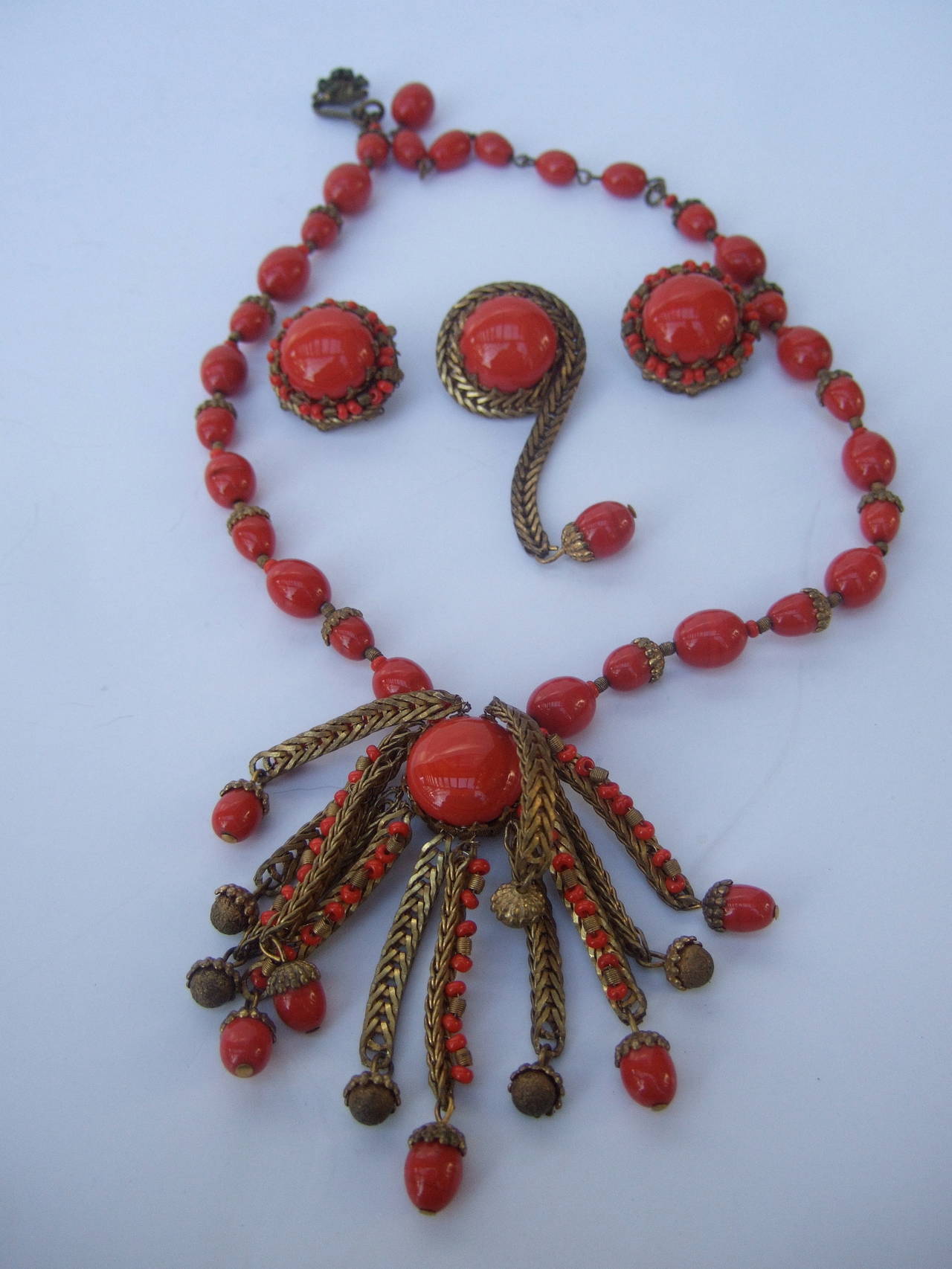 Miriam Haskell Crimson Glass Beaded Necklace Brooch and Earrings c 1960 ...