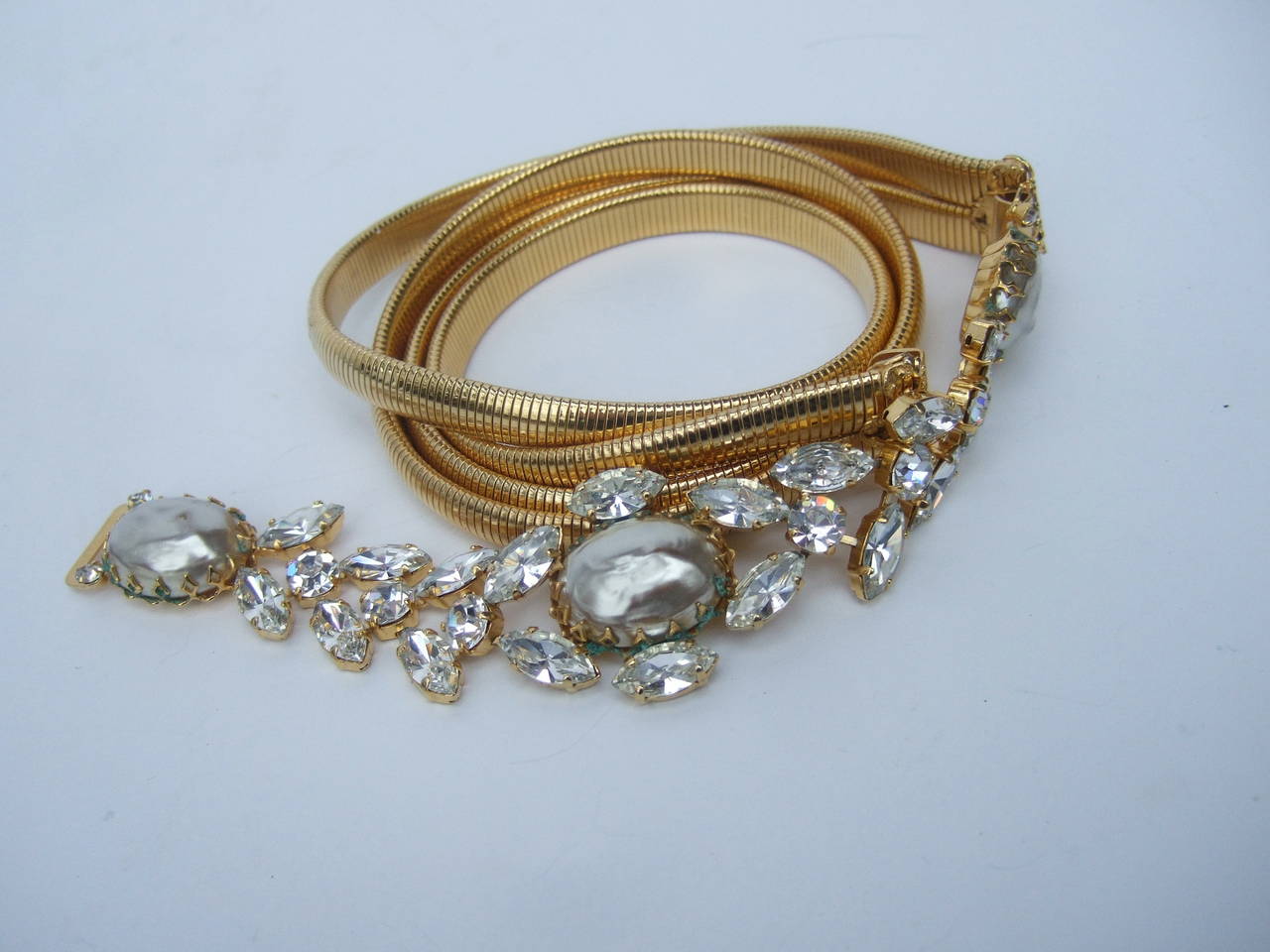 Crystal and Pearl Jeweled Gilt Metal Stretch Belt by Schreiner New York ...