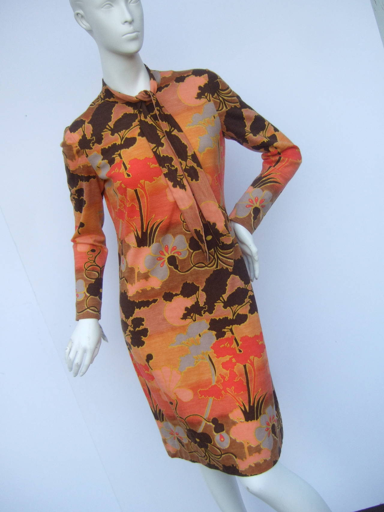Italian Floral Print Merino Wool Knit Dress c 1970s at 1stDibs