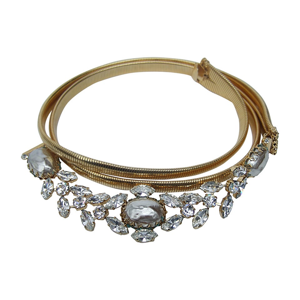 Crystal and Pearl Jeweled Gilt Metal Stretch Belt by Schreiner New York ...