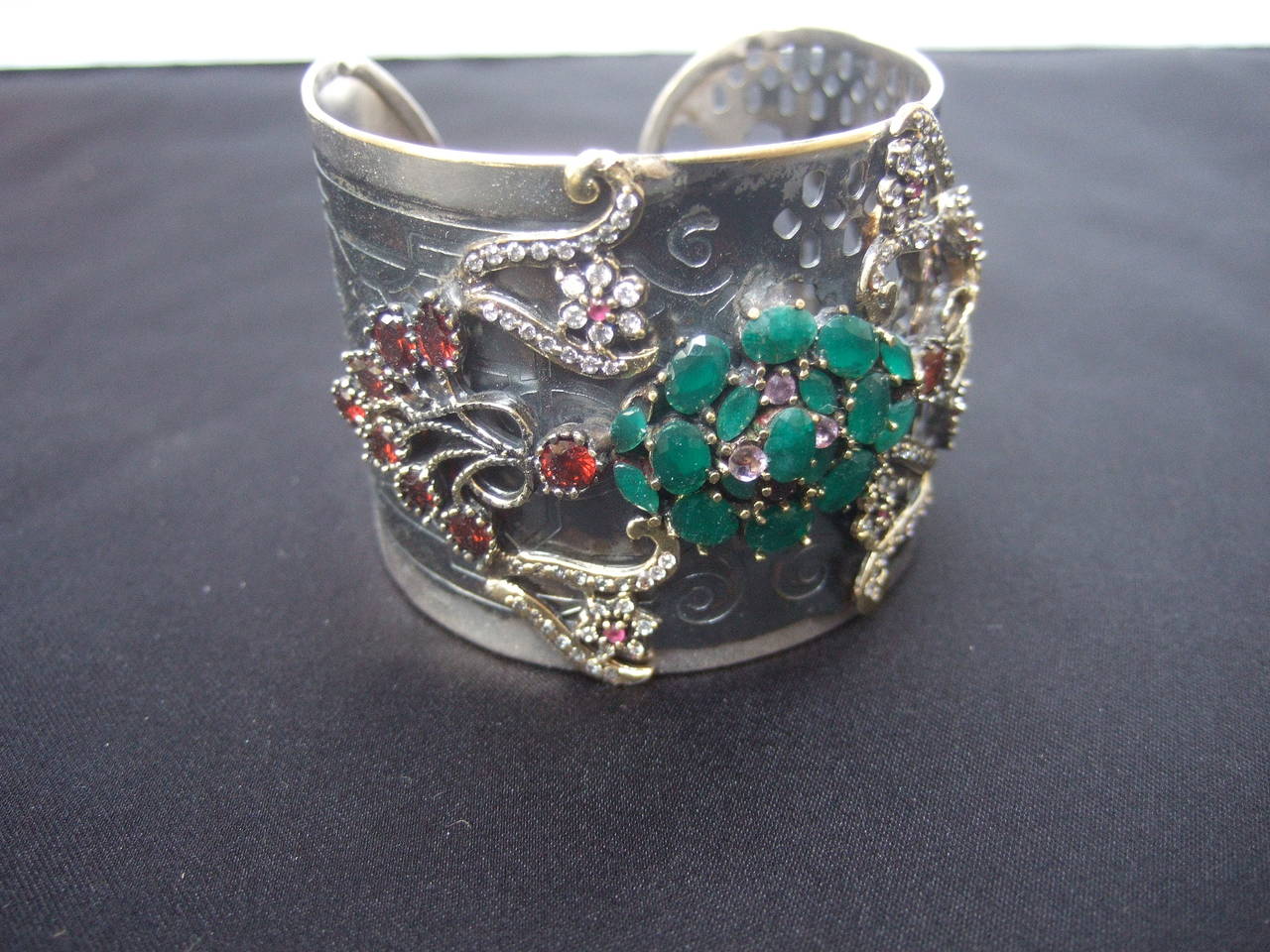 Crystal Jewel Encrusted Wide Silver Metal Cuff For Sale at 1stDibs