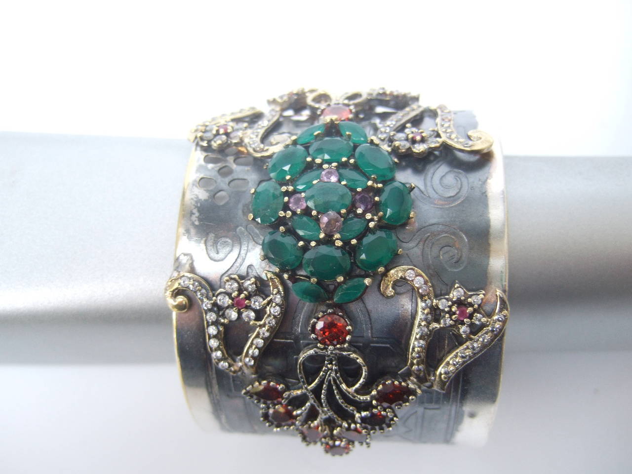 Crystal Jewel Encrusted Wide Silver Metal Cuff For Sale at 1stDibs