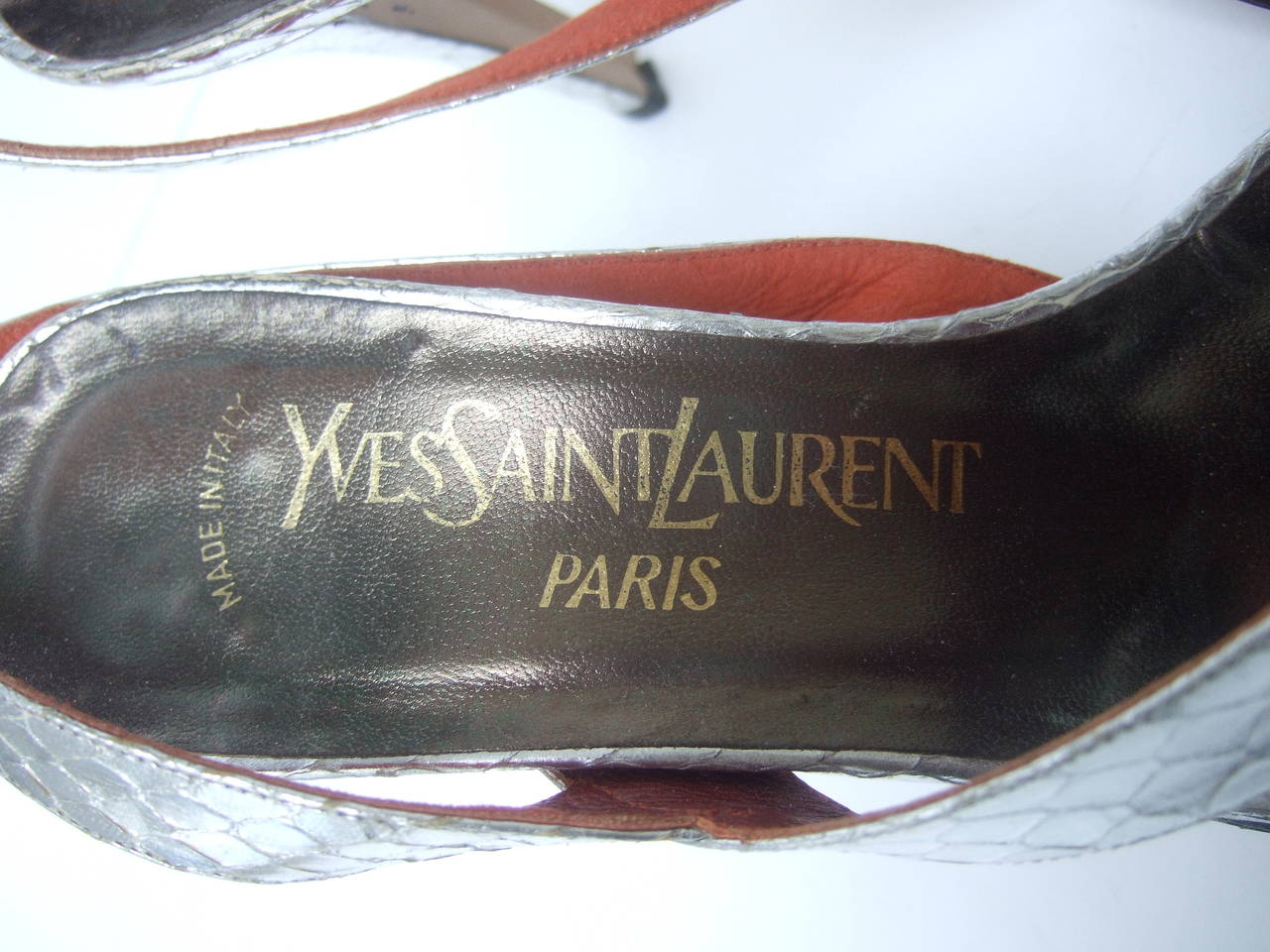 Yves Saint Laurent Paris Silver Snakeskin Heels US Size 6.5 M at 1stDibs
