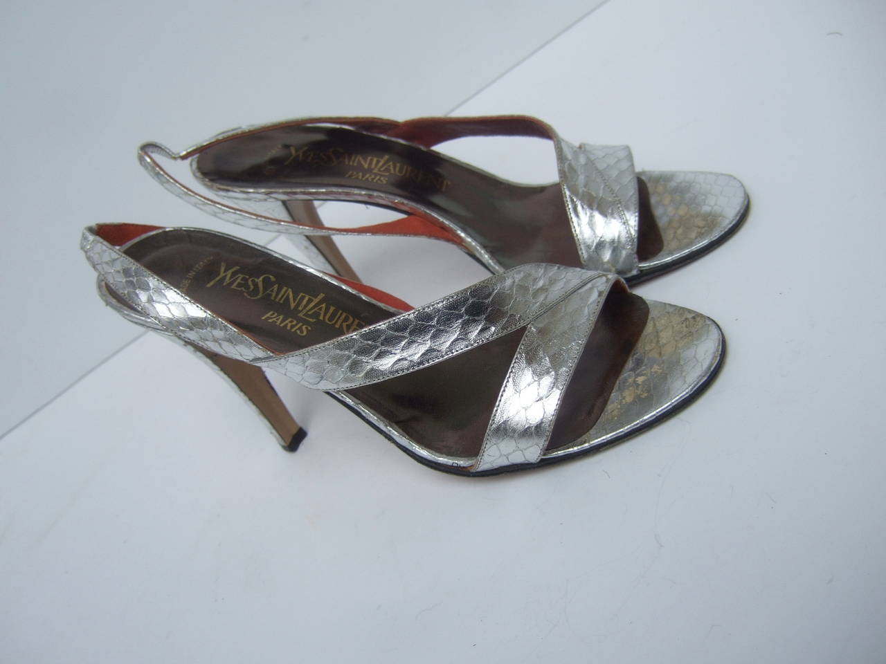Yves Saint Laurent Paris Silver Snakeskin Heels US Size 6.5 M at 1stDibs