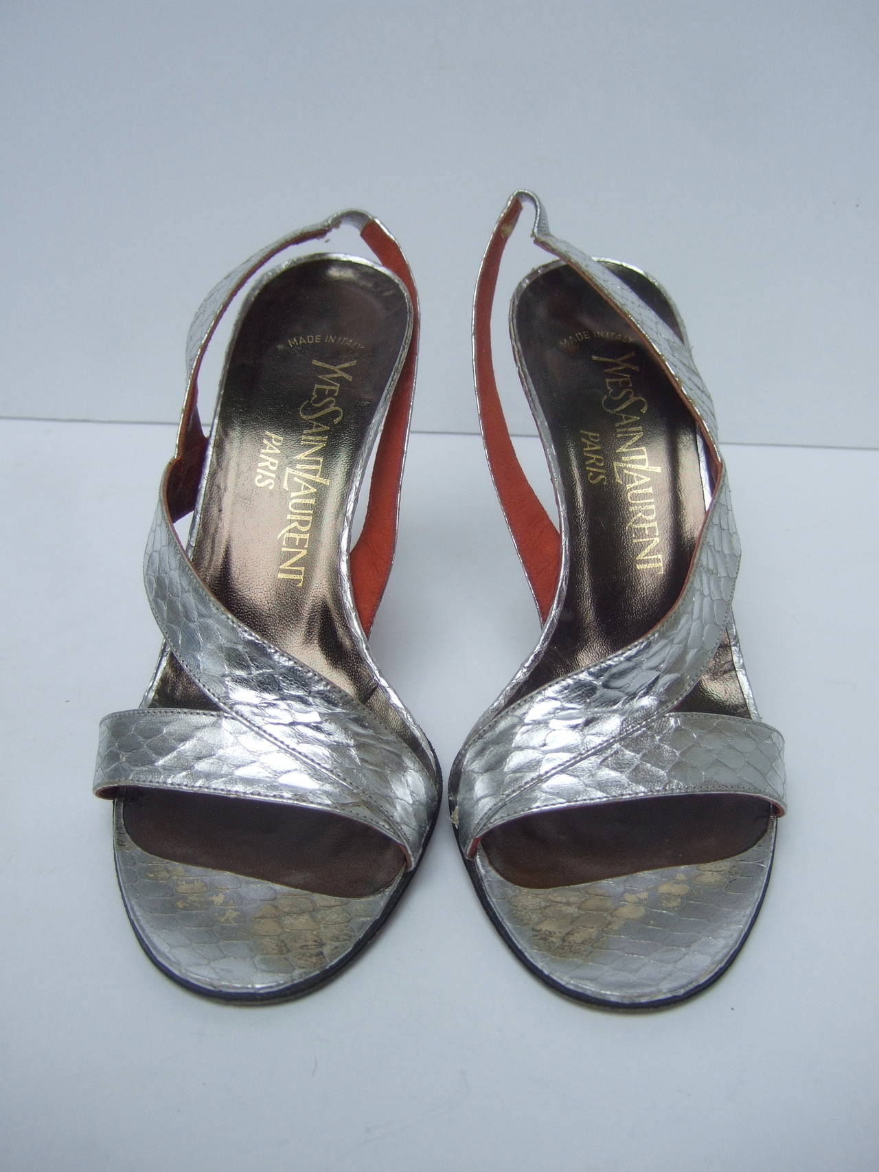 Yves Saint Laurent Paris Silver Snakeskin Heels US Size 6.5 M at 1stDibs