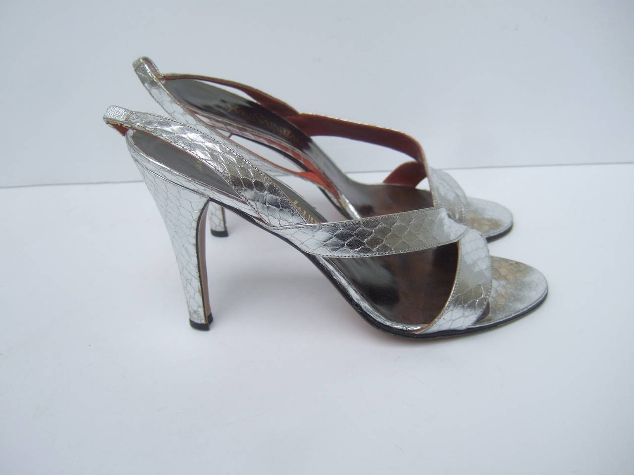 Yves Saint Laurent Paris Silver Snakeskin Heels US Size 6.5 M at 1stDibs