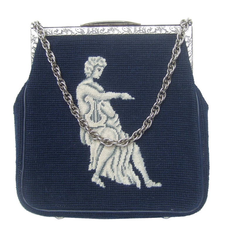 Unique Needlepoint Figural Harpist Handbag c 1970 at 1stDibs