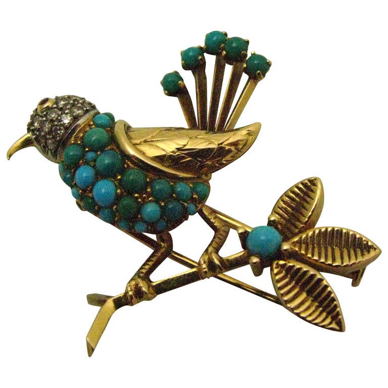 Boucheron Turquoise Ruby Diamond Gold Bird Brooch For Sale at 1stDibs