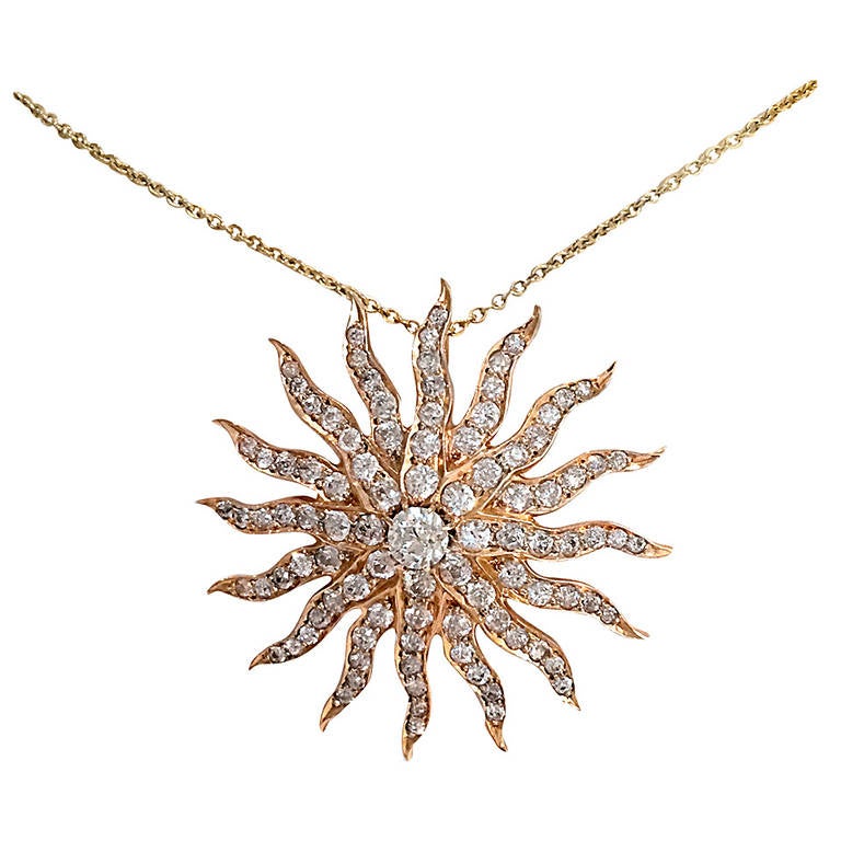 Diamond Yellow Gold Sunburst Pendant at 1stdibs
