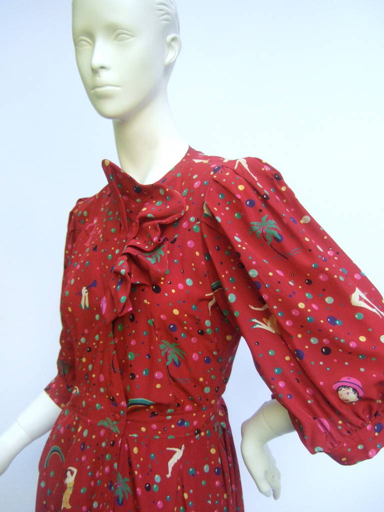 Emanuel Ungaro Paris Crimson Silk Circus Print Dress Size 6 c 1980 at ...