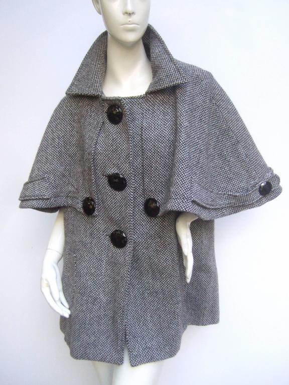 Stylish Unique Capelet Herringbone Wool Blend 3/4 Coat For Sale at 1stDibs