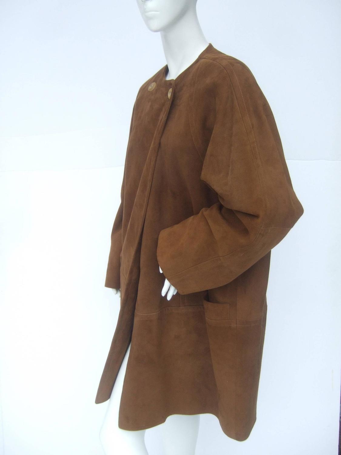 Jaeger Stylish Brown Doeskin Suede Duster Coat ca 1990s For Sale at 1stdibs
