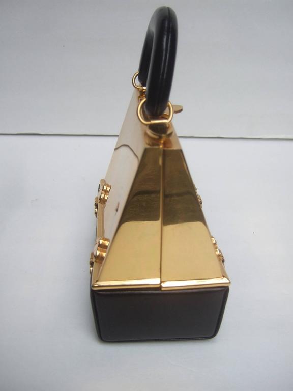 Rodo Italy Sleek Gilt Metal Black Leather Handbag c 1970 at 1stDibs