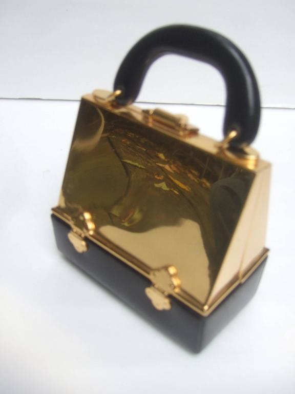 Rodo Italy Sleek Gilt Metal Black Leather Handbag c 1970 at 1stDibs