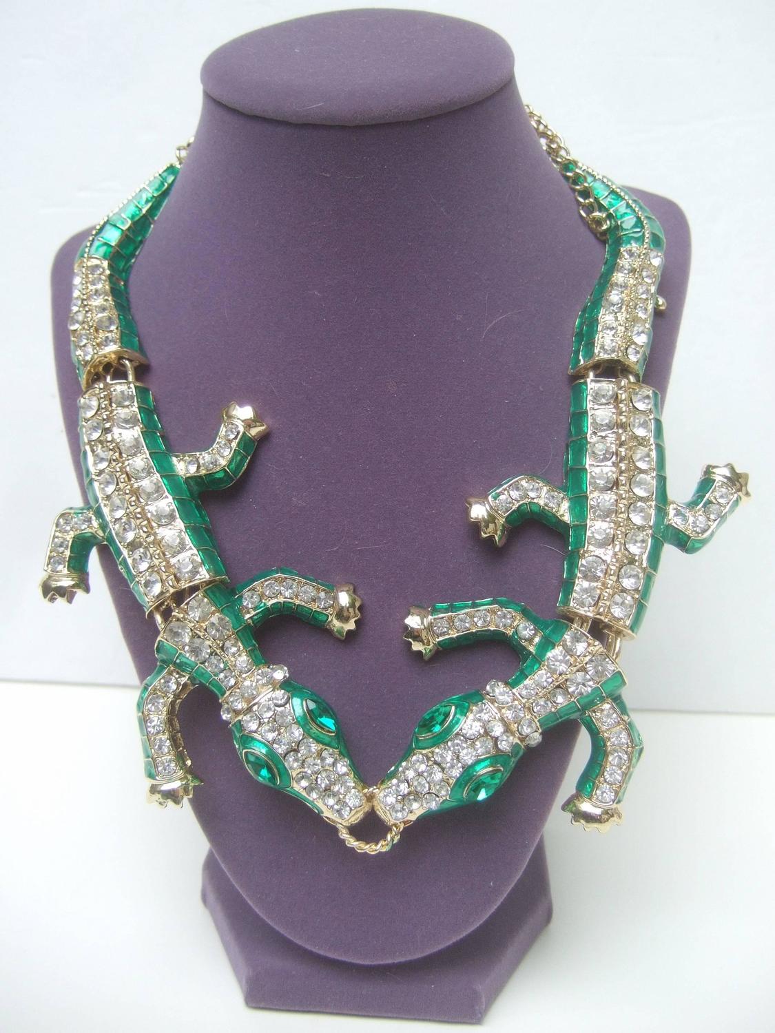 Exotic Green Crystal Articulated Enamel Alligator Necklace at 1stdibs
