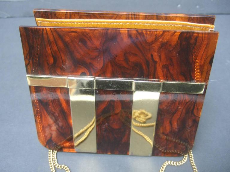 Sleek Tortoise Shell Lucite Gilt Trim Diminutive Handbag c 1970 at 1stDibs